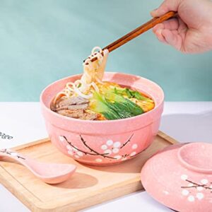 LLDAYU Japanese Creative Hand-Painted Ceramic Bowls with Soup Spoon, Large 27.5 OZ ramen bowls/Soup bowls,with Heat Preservation Function, and Suitable for Microwave Oven, and Dishwasher- pink