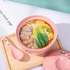 LLDAYU Japanese Creative Hand-Painted Ceramic Bowls with Soup Spoon, Large 27.5 OZ ramen bowls/Soup bowls,with Heat Preservation Function, and Suitable for Microwave Oven, and Dishwasher- pink