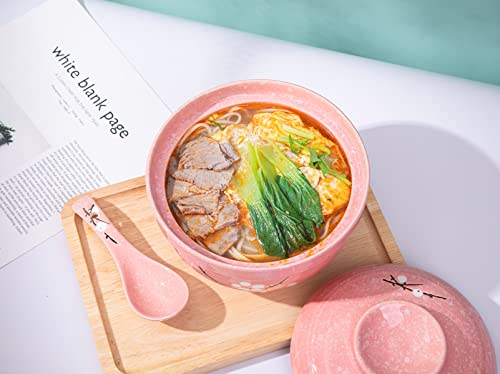 LLDAYU Japanese Creative Hand-Painted Ceramic Bowls with Soup Spoon, Large 27.5 OZ ramen bowls/Soup bowls,with Heat Preservation Function, and Suitable for Microwave Oven, and Dishwasher- pink