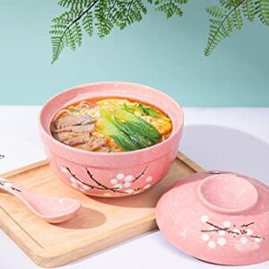 LLDAYU Japanese Creative Hand-Painted Ceramic Bowls with Soup Spoon, Large 27.5 OZ ramen bowls/Soup bowls,with Heat Preservation Function, and Suitable for Microwave Oven, and Dishwasher- pink