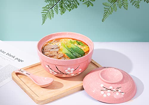 LLDAYU Japanese Creative Hand-Painted Ceramic Bowls with Soup Spoon, Large 27.5 OZ ramen bowls/Soup bowls,with Heat Preservation Function, and Suitable for Microwave Oven, and Dishwasher- pink