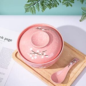 LLDAYU Japanese Creative Hand-Painted Ceramic Bowls with Soup Spoon, Large 27.5 OZ ramen bowls/Soup bowls,with Heat Preservation Function, and Suitable for Microwave Oven, and Dishwasher- pink