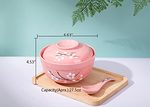 LLDAYU Japanese Creative Hand-Painted Ceramic Bowls with Soup Spoon, Large 27.5 OZ ramen bowls/Soup bowls,with Heat Preservation Function, and Suitable for Microwave Oven, and Dishwasher- pink