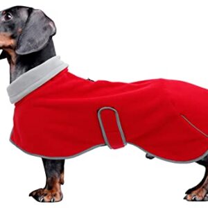 Dachshund Fleece Coats, Perfect for Dachshunds Sausage Weiner Puppy Winter Jacket with Reflective Trim and high Collar, Dog Snowsuit with Adjustable Bands - Red - M