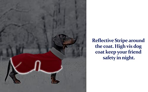 Dachshund Fleece Coats, Perfect for Dachshunds Sausage Weiner Puppy Winter Jacket with Reflective Trim and high Collar, Dog Snowsuit with Adjustable Bands - Red - M