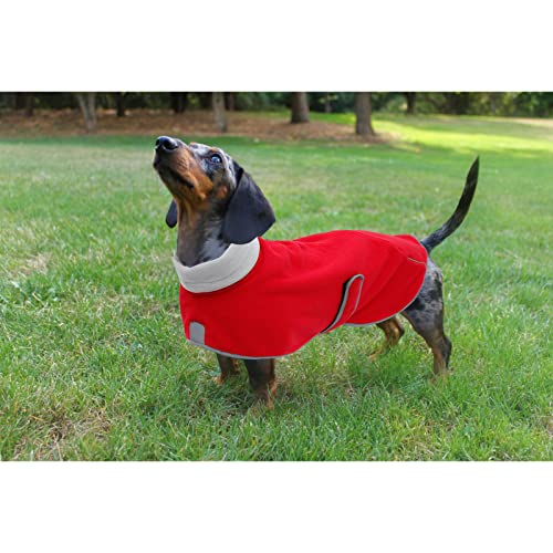 Dachshund Fleece Coats, Perfect for Dachshunds Sausage Weiner Puppy Winter Jacket with Reflective Trim and high Collar, Dog Snowsuit with Adjustable Bands - Red - M