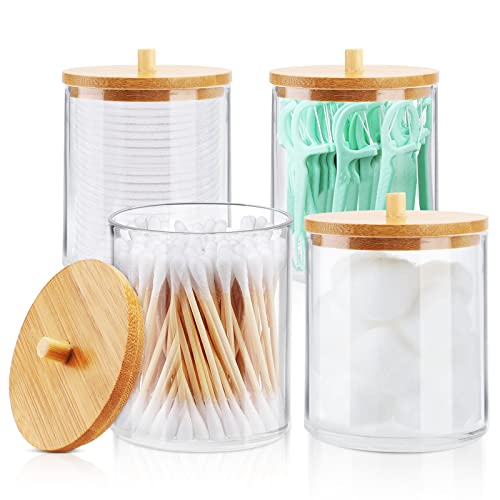 TCJJ 4 Pack Acrylic Qtip Holder Dispenser Bathroom Jars with Bamboo Lids, Cotton Ball Pad Round Swab Holder for Bathroom Accessories Storage Organizer