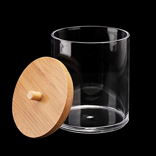 TCJJ 4 Pack Acrylic Qtip Holder Dispenser Bathroom Jars with Bamboo Lids, Cotton Ball Pad Round Swab Holder for Bathroom Accessories Storage Organizer