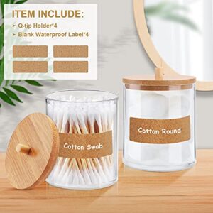 TCJJ 4 Pack Acrylic Qtip Holder Dispenser Bathroom Jars with Bamboo Lids, Cotton Ball Pad Round Swab Holder for Bathroom Accessories Storage Organizer