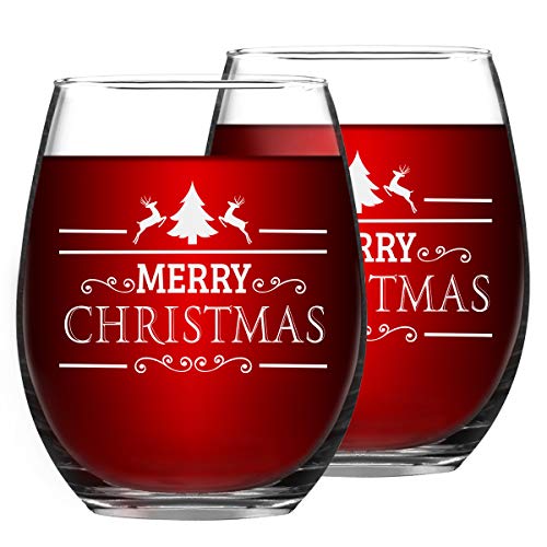 Set of 2 Christmas Wine Glasses, Merry Christmas Stemless Wine Glasses Set, Christmas New Year Gifts for Friends Family Women Men, Christmas Decoration for Christmas Party Couple Party Use 15Oz