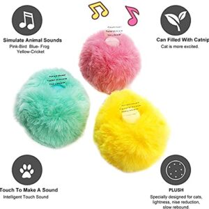 PomeWW Cat Toy Balls, Sing Ball, 3 Pcs, Upgrade Kitten Plush Ball, Newest Lifelike Animal Chirping Sounds-Bird Frog and Cricket, Built-in Catnip, Interactive Cat Kicker Toys for Indoor.