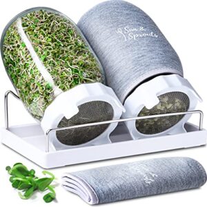 sun & sprouts complete sprouting kit - 2 large wide-mouth mason jars, premium screen lids, blackout sleeves, tray and sprouter stand - for growing broccoli, mung bean, alfalfa sprout from seed