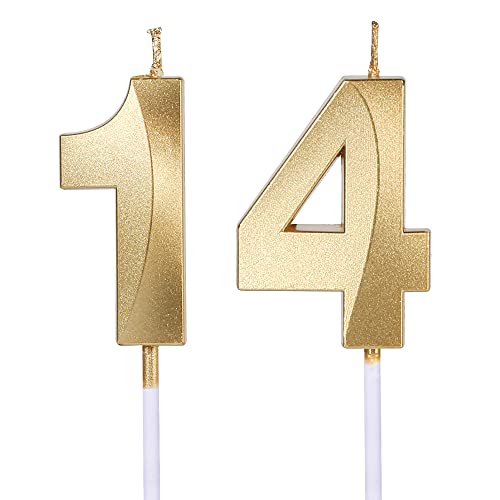 Gold 14th & 41st Birthday Candles for Cakes, Number 14 41 Glitter Candle Cake Topper for Party Anniversary Wedding Celebration Decoration