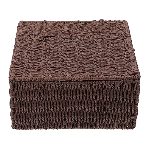 VOSAREA Woven Wicker Storage Bins with Lid and Bow Seagrass Shelf Basket Rectangular Rattan Storage Basket Makeup Organizer for Toilet Paper Toy Laundry