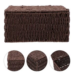 VOSAREA Woven Wicker Storage Bins with Lid and Bow Seagrass Shelf Basket Rectangular Rattan Storage Basket Makeup Organizer for Toilet Paper Toy Laundry