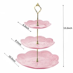 Aebor Cupcake Stand, 3 Tier Plastic Tiered Tray, Dessert Candy Snacks Bread Tower Tray, Plastic Cake Stand for Wedding Home Holiday Birthday Christmas Party Decor (Pink)