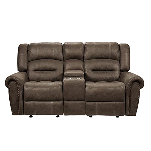 Pemberly Row 80" Microfiber Double Glider Reclining Love Seat in Brown