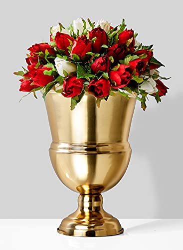 Serene Spaces Living Decorative Gold Vase Urn, Gold Vases for Centerpieces, Metal Vase Use for Home Decor, Wedding, Parties, Floral Arrangements, Measures 10.25" Tall & 7.25" Diameter