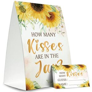 Guess How Many Kisses Are in the Jar Game (1 Standing Sign + 50 Guessing Cards),Sunflower Greenery Golden,Bridal Shower Sign,Baby Shower Sign - XH06