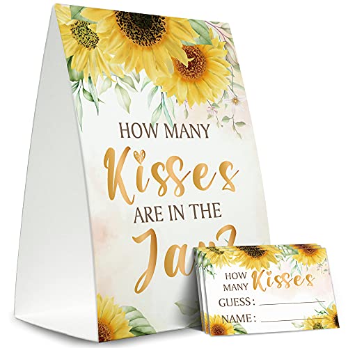 Guess How Many Kisses Are in the Jar Game (1 Standing Sign + 50 Guessing Cards),Sunflower Greenery Golden,Bridal Shower Sign,Baby Shower Sign - XH06