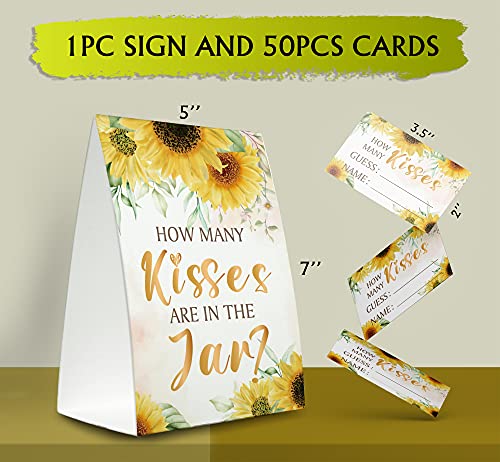 Guess How Many Kisses Are in the Jar Game (1 Standing Sign + 50 Guessing Cards),Sunflower Greenery Golden,Bridal Shower Sign,Baby Shower Sign - XH06