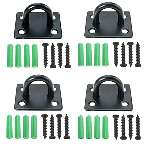 CSNSD Oblong Pad Eye Plate 4PCS Black Stainless Steel Rectangle Plate U-Shaped Staple Ring Hook Loop Ceiling Hook with Screws