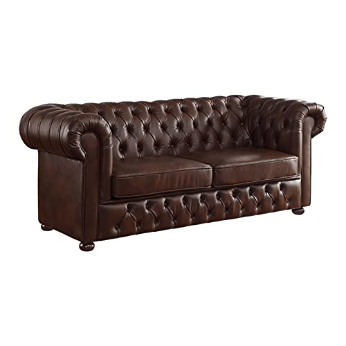 Pemberly Row Chesterfield Tufted Faux Leather Sofa, 3 Seater Antique Roll Arm Sofa Couch for Home Living Room, Dark Cognac Brown