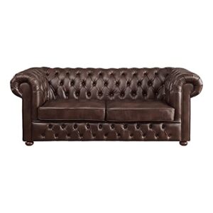 Pemberly Row Chesterfield Tufted Faux Leather Sofa, 3 Seater Antique Roll Arm Sofa Couch for Home Living Room, Dark Cognac Brown