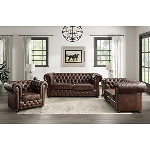 Pemberly Row Chesterfield Tufted Faux Leather Sofa, 3 Seater Antique Roll Arm Sofa Couch for Home Living Room, Dark Cognac Brown