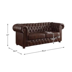 Pemberly Row Chesterfield Tufted Faux Leather Sofa, 3 Seater Antique Roll Arm Sofa Couch for Home Living Room, Dark Cognac Brown