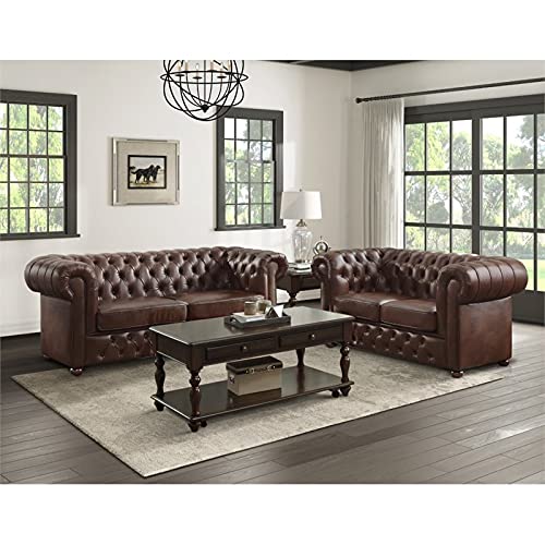 Pemberly Row Chesterfield Tufted Faux Leather Sofa, 3 Seater Antique Roll Arm Sofa Couch for Home Living Room, Dark Cognac Brown