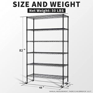 HCY Garage Shelving, 82x48x18 Metal Shelves 6 Tier Wire Shelving Unit Adjustable Heavy Duty Sturdy Steel Shelving with Casters for Pantry Garage Kitchen (Black)