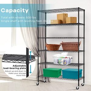 HCY Garage Shelving, 82x48x18 Metal Shelves 6 Tier Wire Shelving Unit Adjustable Heavy Duty Sturdy Steel Shelving with Casters for Pantry Garage Kitchen (Black)