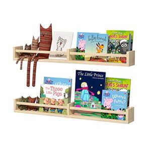 classic nursery shelves, set of 2 natural wood floating book shelves for kids room, wall shelves for bathroom decor, kitchen spice rack, book shelf organizer for baby nursery décor (32lx4w)