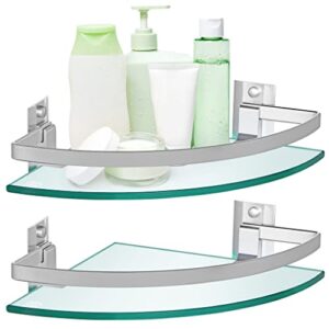 sanbege 2 pcs tempered glass corner shelf with rail & brackets, 9.5" x 9.5" floating shower caddy, wall mounted shampoo holder organizer for bathroom, kitchen, living room