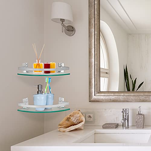 Sanbege 2 Pcs Tempered Glass Corner Shelf with Rail & Brackets, 9.5" x 9.5" Floating Shower Caddy, Wall Mounted Shampoo Holder Organizer for Bathroom, Kitchen, Living Room