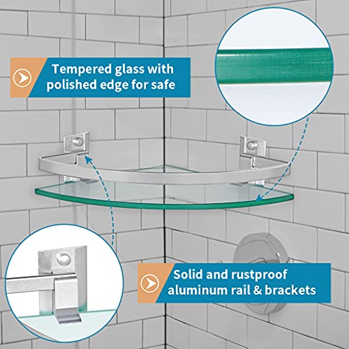 Sanbege 2 Pcs Tempered Glass Corner Shelf with Rail & Brackets, 9.5" x 9.5" Floating Shower Caddy, Wall Mounted Shampoo Holder Organizer for Bathroom, Kitchen, Living Room