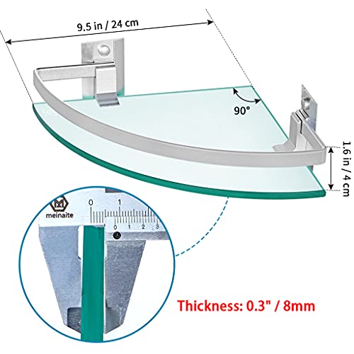 Sanbege 2 Pcs Tempered Glass Corner Shelf with Rail & Brackets, 9.5" x 9.5" Floating Shower Caddy, Wall Mounted Shampoo Holder Organizer for Bathroom, Kitchen, Living Room