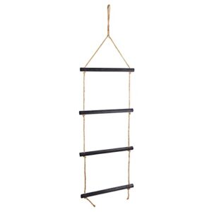 4-rung hanging blanket ladder, wooden rustic towel racks for bathroom with rope for bathroom decor, black (17 x 60 in)