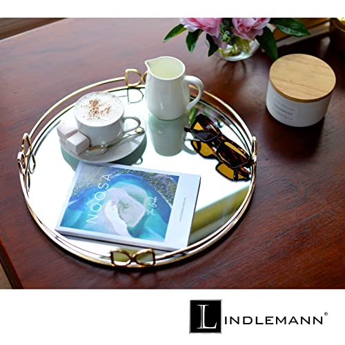 LINDLEMANN Decorative Tray - Metal Mirrored Vanity Tray with Distinctive Butterfly Handles - Elegant Design for Perfume Jewelry Makeup, Easter & Mothers' Day Gift (Glass, 16in, Gold)