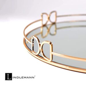 LINDLEMANN Decorative Tray - Metal Mirrored Vanity Tray with Distinctive Butterfly Handles - Elegant Design for Perfume Jewelry Makeup, Easter & Mothers' Day Gift (Glass, 16in, Gold)