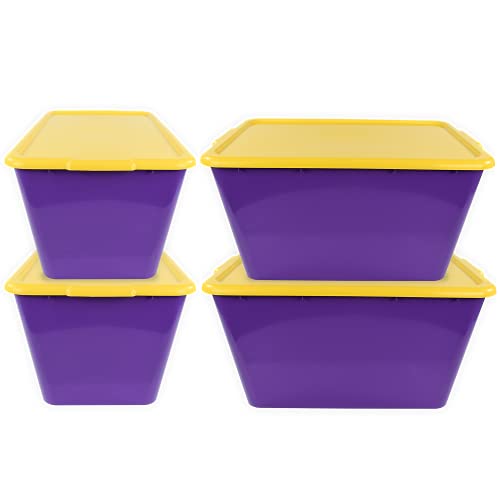 SIMPLYKLEEN 14.5-gal. (58-qt.) Plastic Storage Containers with Lid, Fan-Tastic Storage Bins Purple/Gold (Pack of 4)