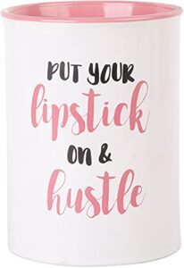 palais essentials bathroom decor makeup brush holders ceramic, bathroom accessories make up cup holder for vanity countertops (lipstick hustle, 4" diameter)