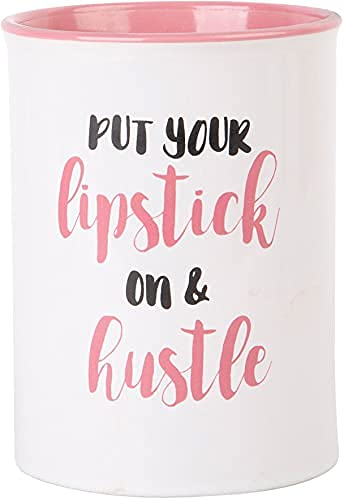 Palais Essentials bathroom decor Makeup Brush Holders Ceramic, Bathroom Accessories Make Up Cup Holder for Vanity Countertops (Lipstick Hustle, 4" Diameter)