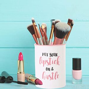 Palais Essentials bathroom decor Makeup Brush Holders Ceramic, Bathroom Accessories Make Up Cup Holder for Vanity Countertops (Lipstick Hustle, 4" Diameter)