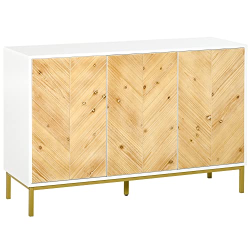 HOMCOM 3 Door Sideboard Buffet Cabinet, Kitchen Cabinet, Coffee Bar Cabinet with Chevron Pattern, Adjustable Shelf and Metal Legs, Natural Wood