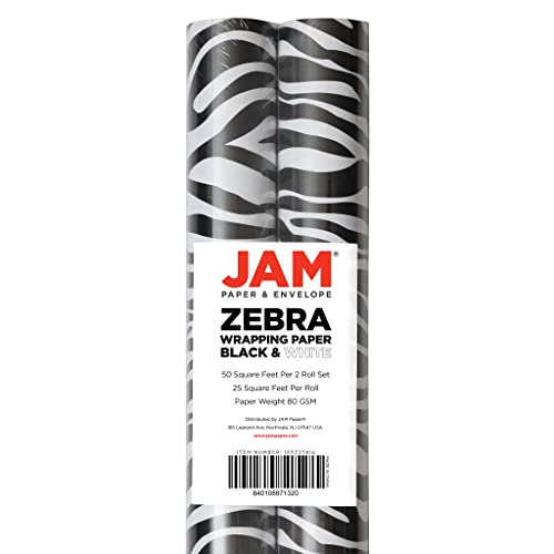 JAM Paper Gift Wrap - Zebra Print Wrapping Paper - 50 Sq Ft Total - Black & White Safari Stripes - 2 Rolls/Pack