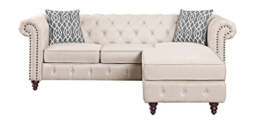 Acme Furniture Linen Upholstered Sectional Sofa with 2 Pillows, Beige