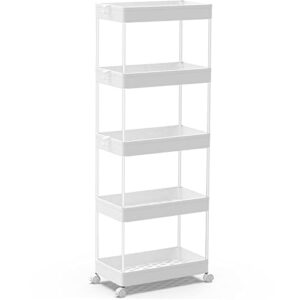 spacekeeper 5-tier storage cart, bathroom storage organizer rolling utility cart, mobile shelving unit slide out storage shelves for kitchen living room bathroom laundry room & dressers, white