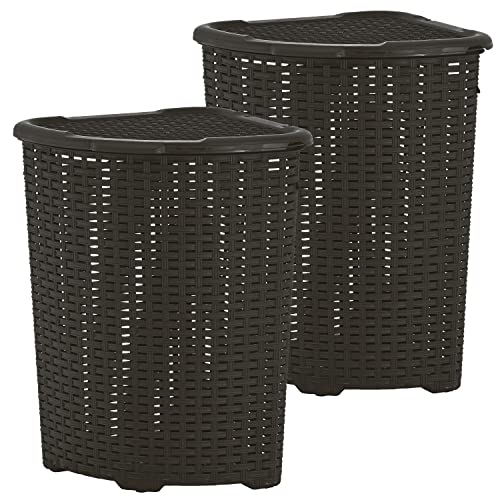 (2 pack) Corner Laundry Hamper Baskets with Lid 50 Liter - Brown Wicker Hamper, Durable, Lightweight Bin with Cutout Handles - Storage Dirty Cloths Curved Shape Design Fits Bathroom